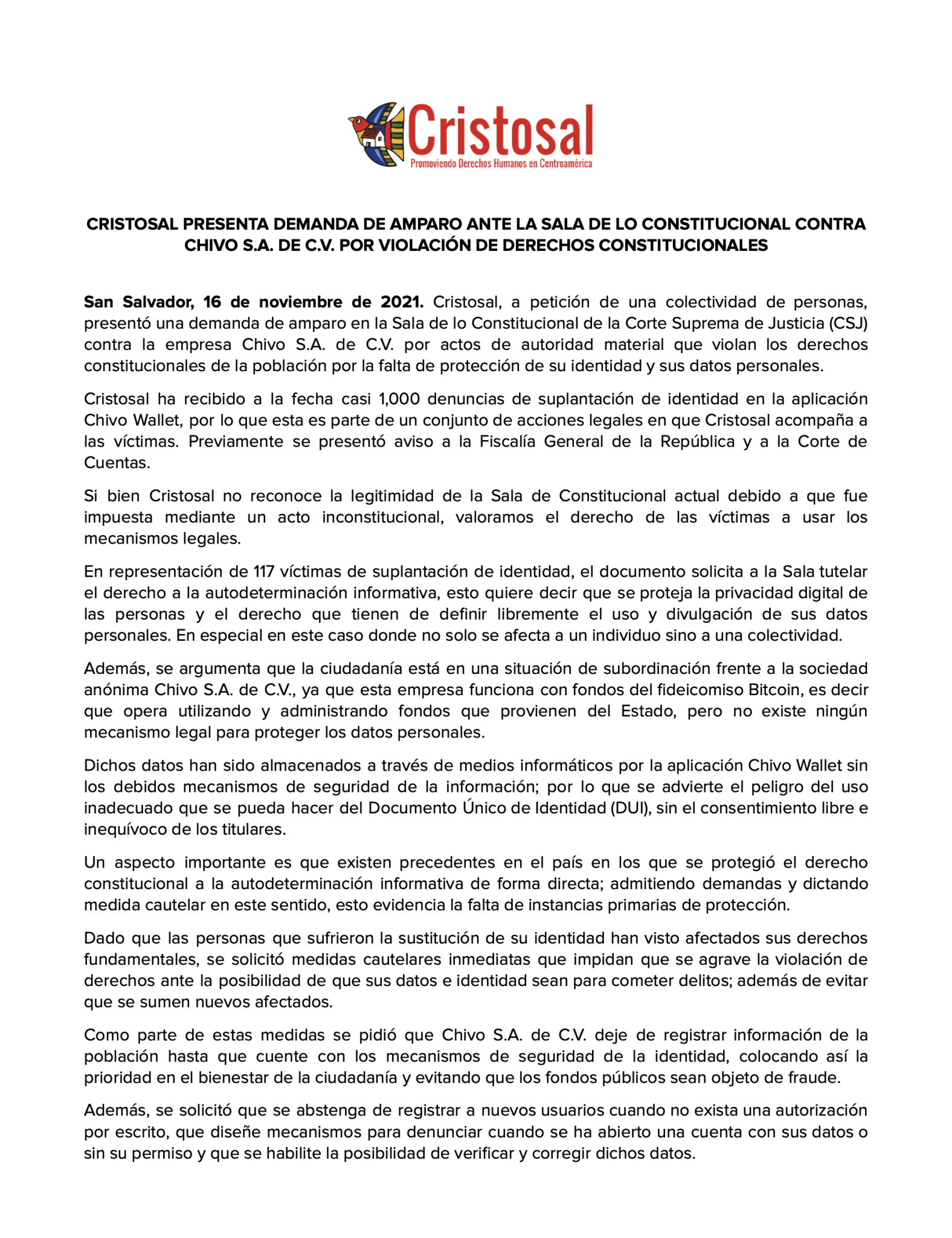 Cristosal presenta demanda de amparo ante la Sala de lo Constitucional ...
