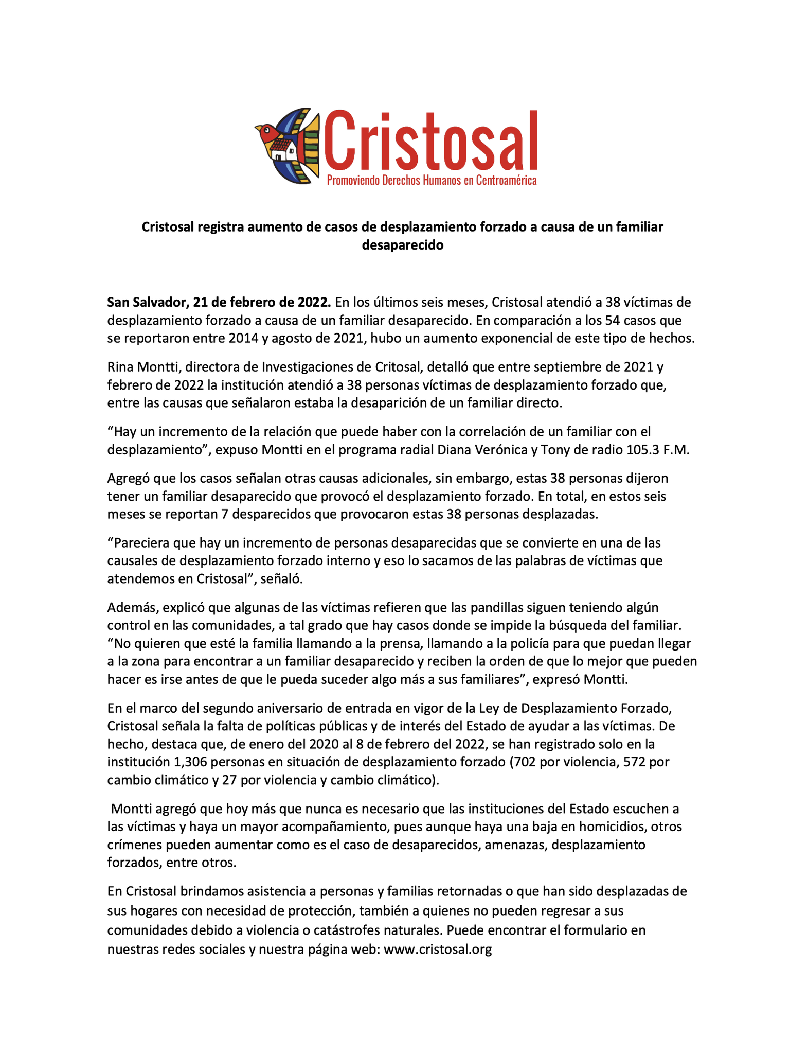 Cristosal registra aumento de casos de desplazamiento forzado a causa ...